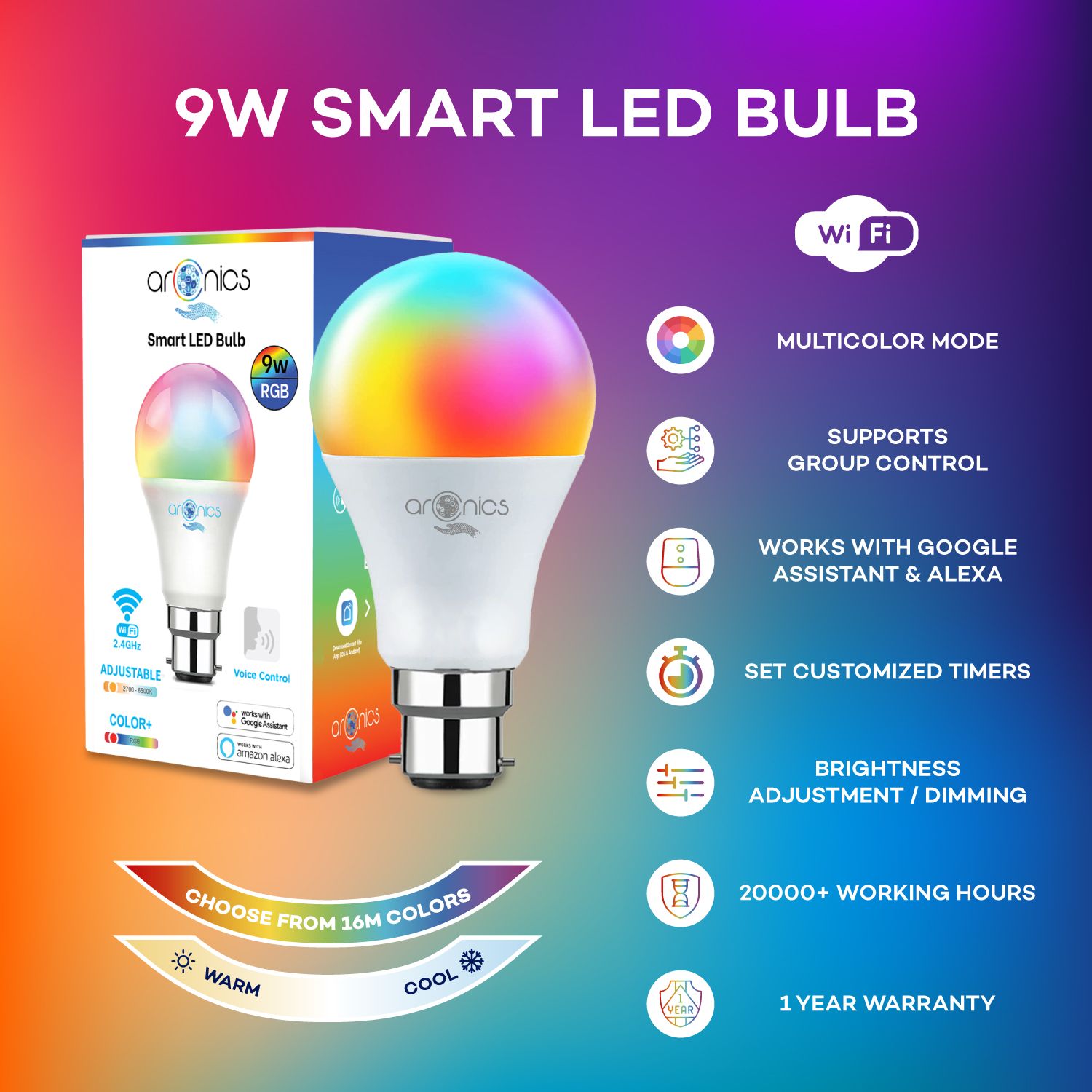 Smart LED Bulb-01 (RGB+CCT) (9W) – Arcnics Smart Devices